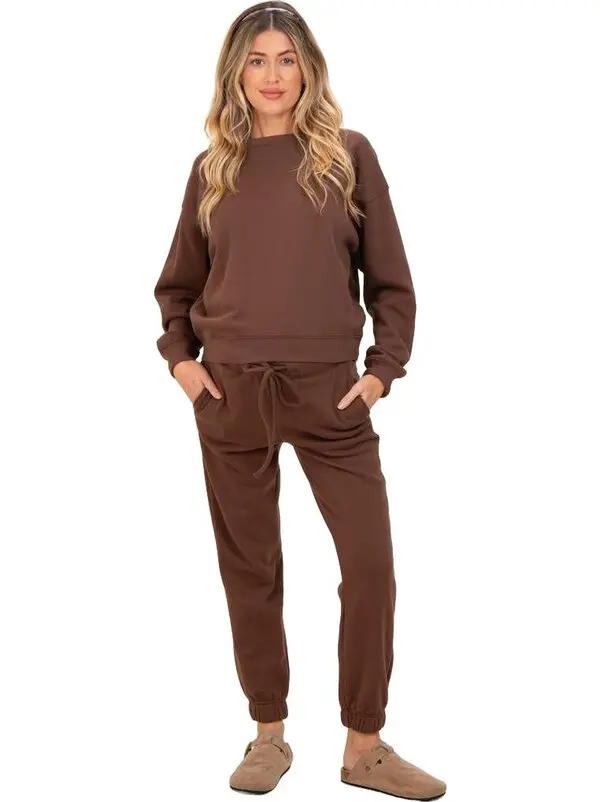 PINKBLUSH Fleece Long Sleeve Pullover & Jogger Set - Brown