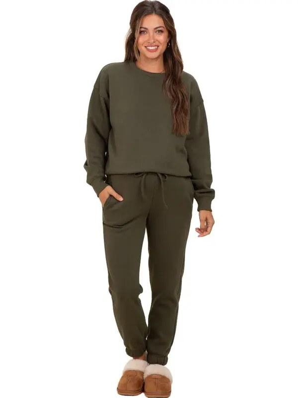 PINKBLUSH Fleece Long Sleeve Pullover & Jogger Set - Olive Green