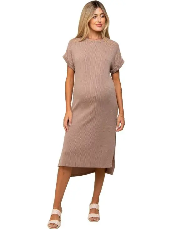 PINKBLUSH Ribbed Short Sleeve Maternity Midi Dress - Mocha