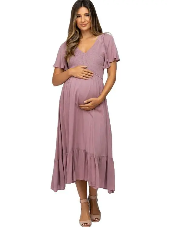 PINKBLUSH Smocked V-neck Maternity Midi Dress - Mauve