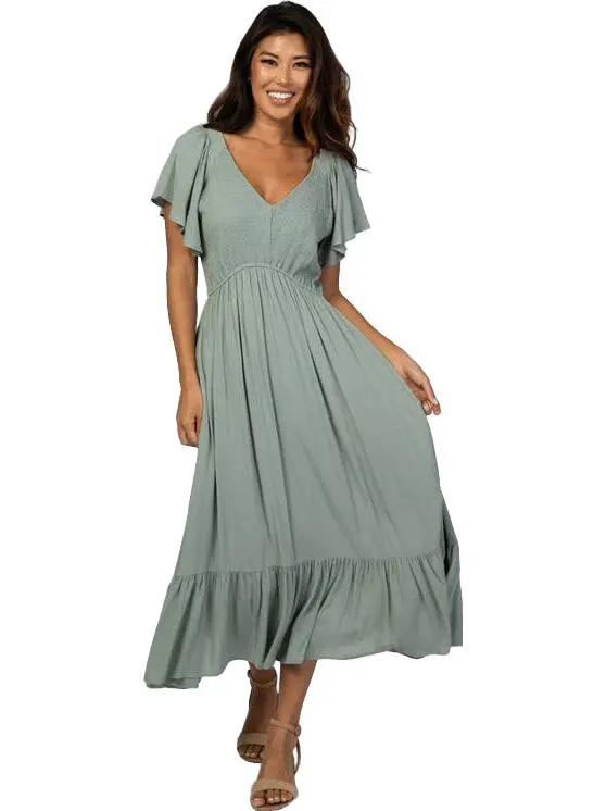 PINKBLUSH Smocked V-neck Maternity Midi Dress - Olive Green