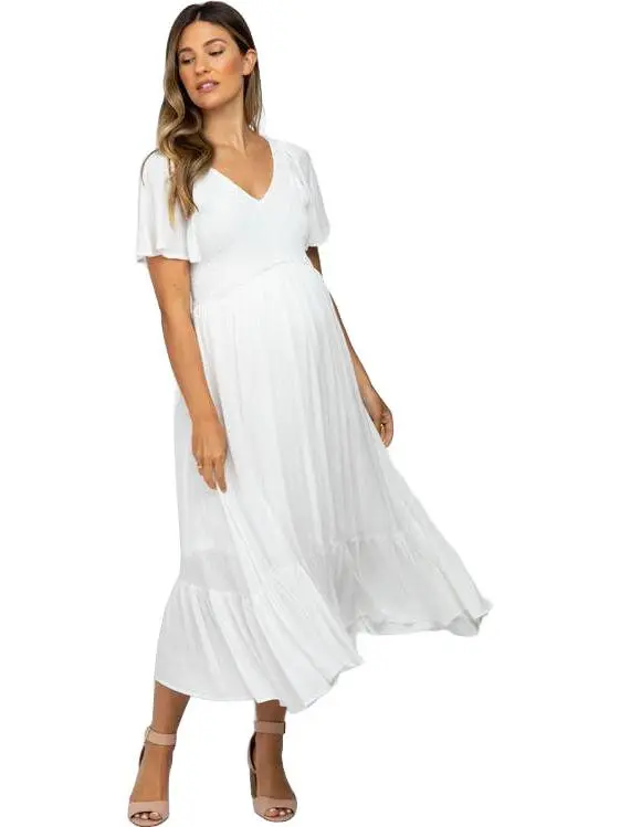 PINKBLUSH Smocked V-neck Maternity Midi Dress - White