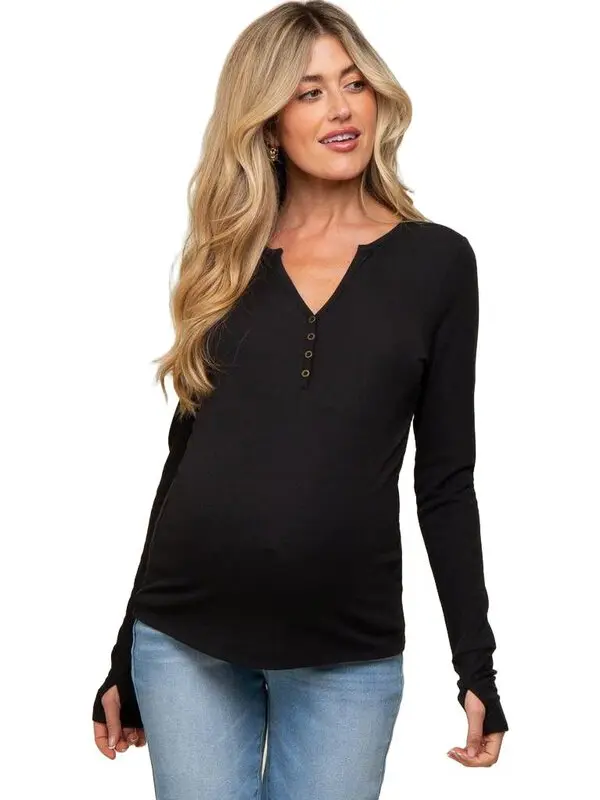 PINKBLUSH Button Front Long Sleeve Top - Black