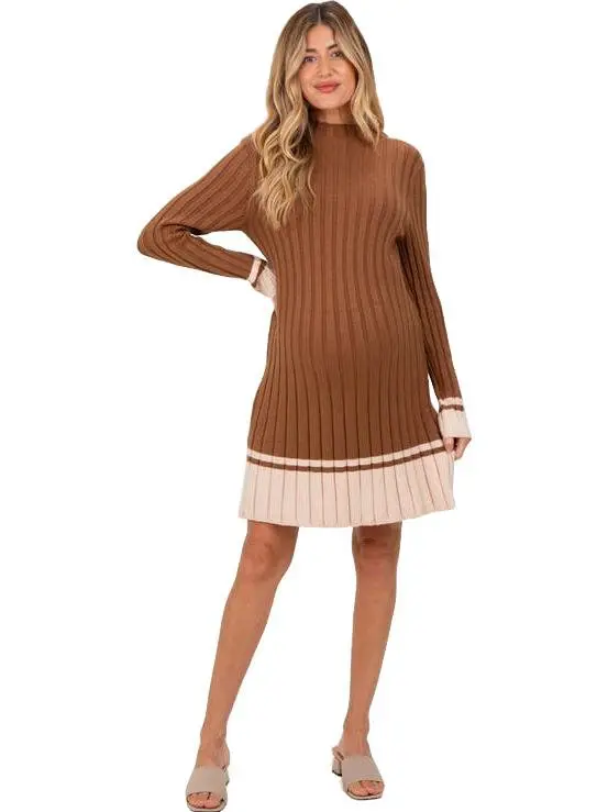 PINKBLUSH Ribbed Contrast Hem Sweater Dress - Mocha