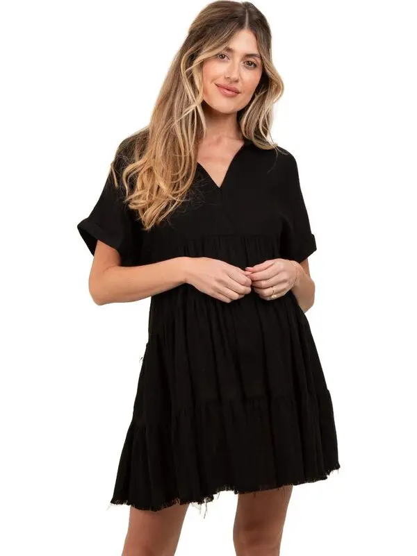 PINKBLUSH Linen Maternity Tiered Dress - Black