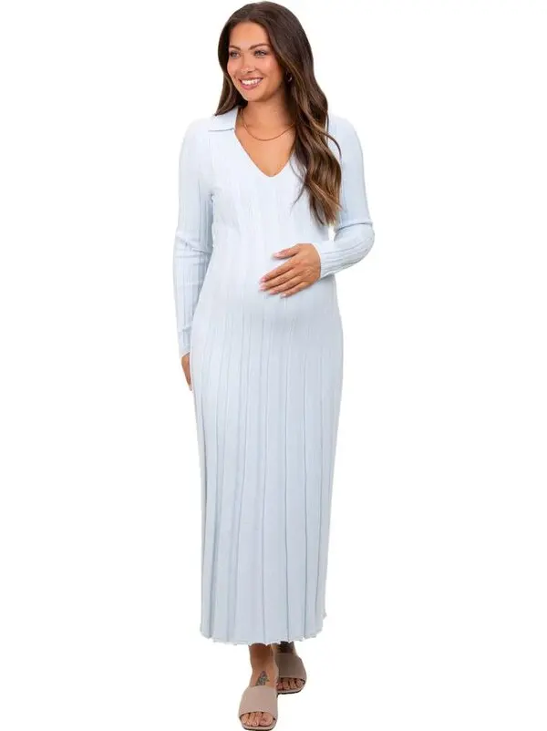 PINKBLUSH Ribbed Knit Collared Midi Dress - Light Blue