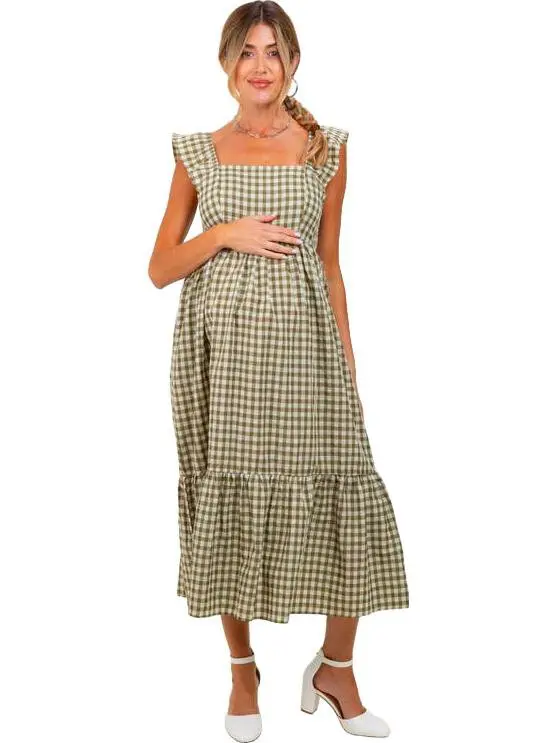 PINKBLUSH Gingham Ruffle Strap Maternity Midi Dress - Olive Green