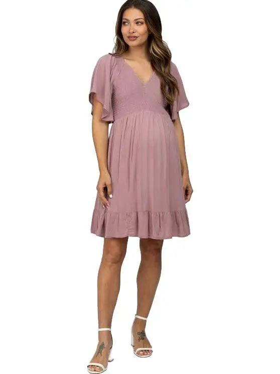 PINKBLUSH Smocked Front Ruffle Hem Dress - Mauve
