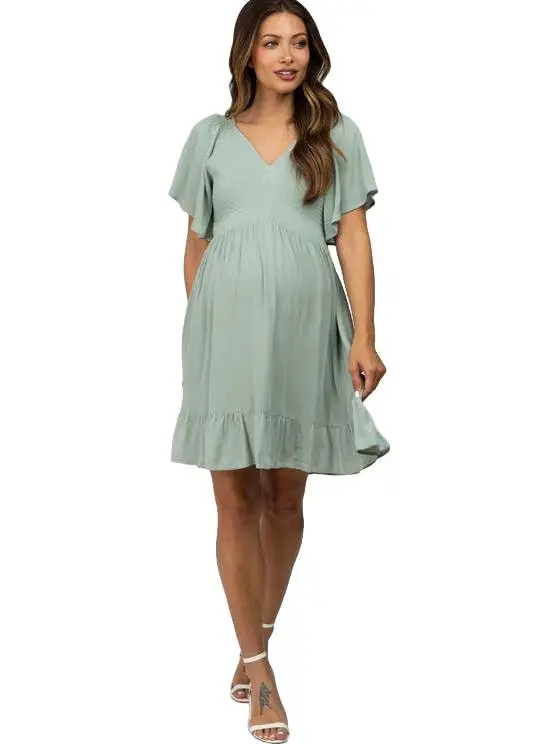 PINKBLUSH Smocked Front Ruffle Hem Dress - Mint Green