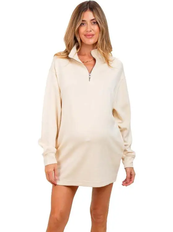 PINKBLUSH Half Zip Long Sleeve Maternity Mini Dress - Cream