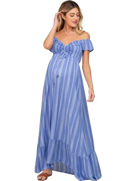 PINKBLUSH Striped Off-shoulder Front Tie Maxi Dress - Blue