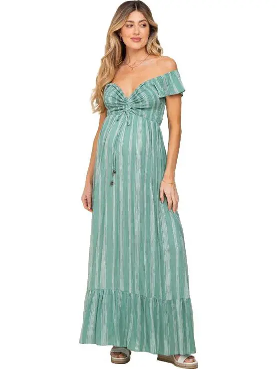 PINKBLUSH Striped Off Shoulder Maternity Maxi Dress - Green