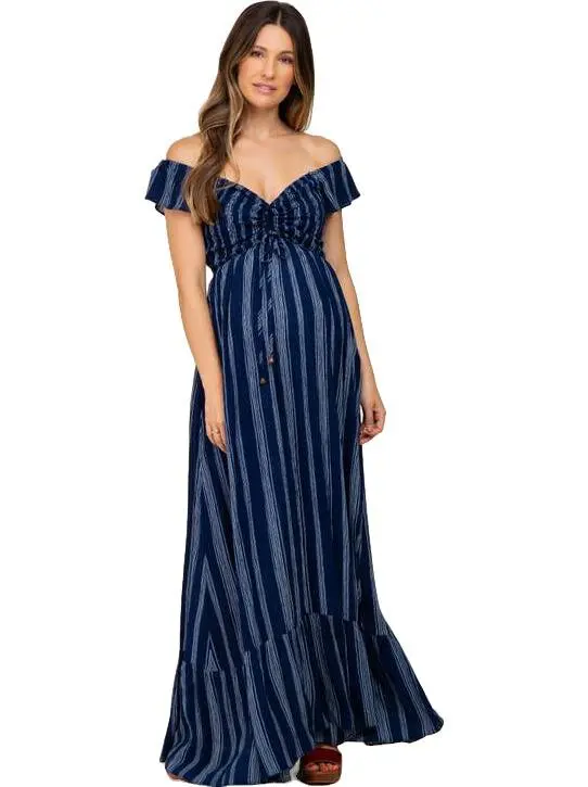PINKBLUSH Striped Off Shoulder Front Tie Maxi Dress - Navy Blue