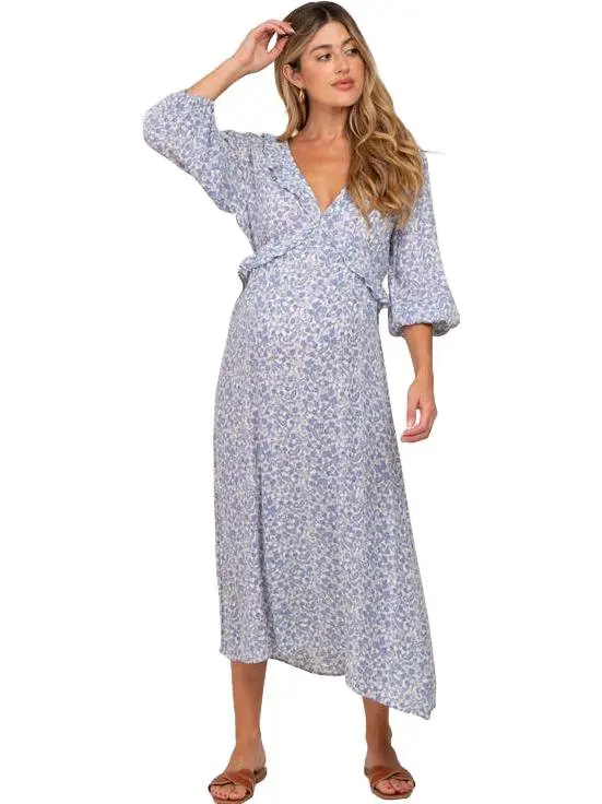 PINKBLUSH Floral Ruffle V-neck Midi Dress - Blue