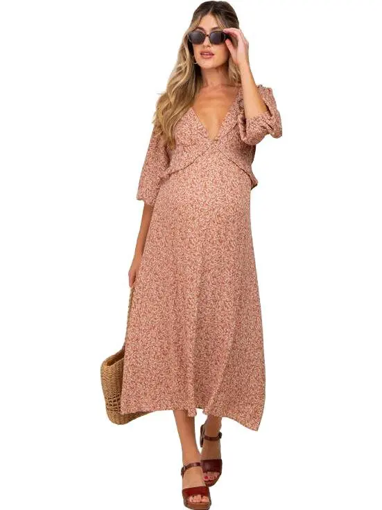 PINKBLUSH Floral Ruffle V-neck Maternity Midi Dress - Rust
