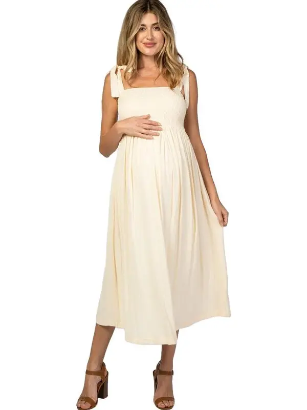 PINKBLUSH Smocked Tie Strap Midi Dress - Beige