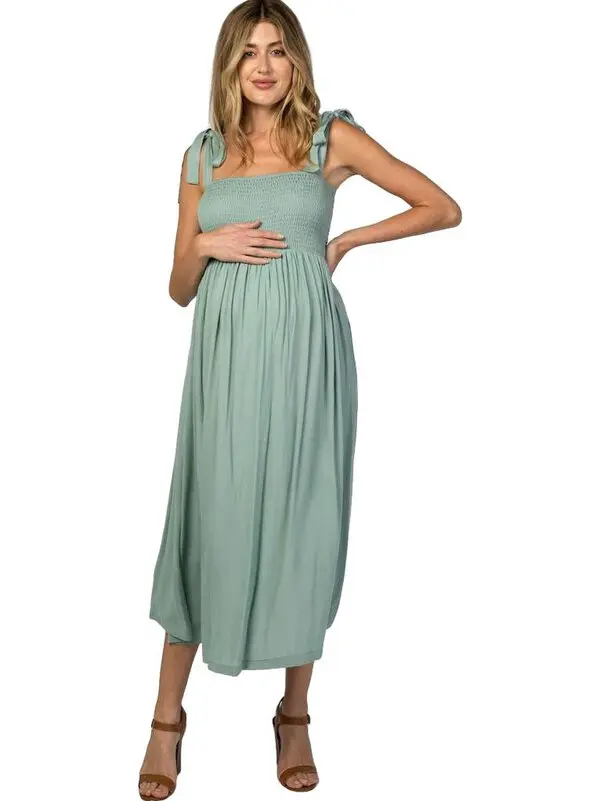 PINKBLUSH Smocked Tie Strap Midi Dress - Mint Green