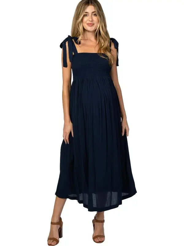 PINKBLUSH Smocked Tie Strap Midi Dress - Navy Blue