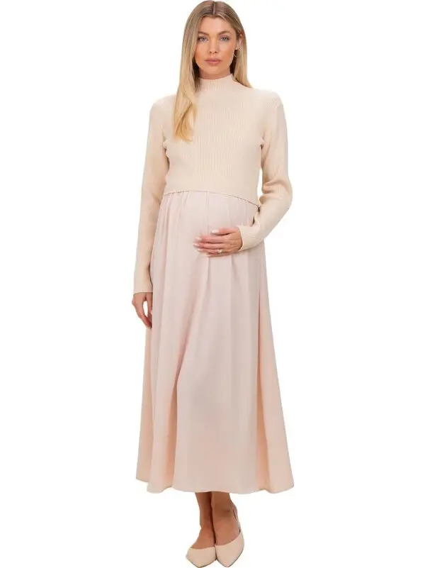 PINKBLUSH Knit Contrast Top Satin Midi Dress - Beige
