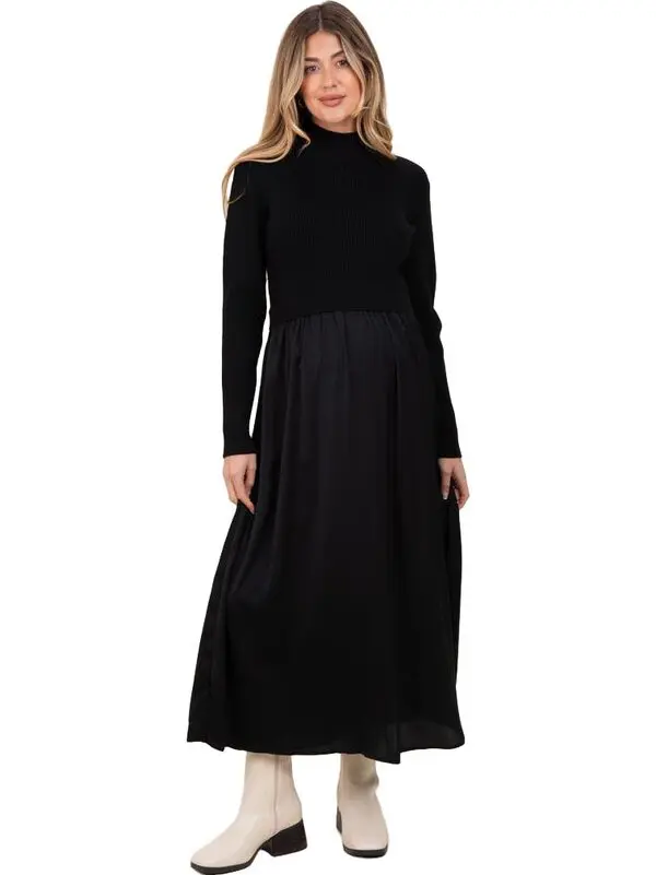 PINKBLUSH Knit Contrast Top Satin Maternity Midi Dress - Black