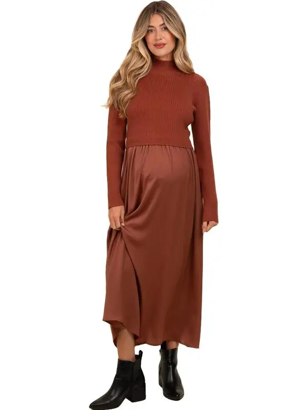 PINKBLUSH Knit Contrast Top Satin Midi Dress - Brown