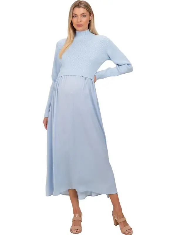 PINKBLUSH Knit Contrast Top Satin Midi Dress - Light Blue