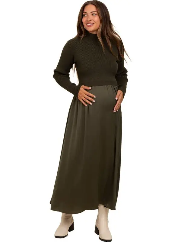 PINKBLUSH Knit Contrast Top Satin Maternity Midi Dress - Olive Green