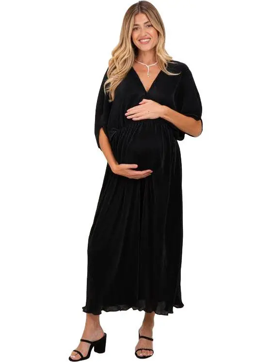 PINKBLUSH Pleated Satin Dolman Sleeve Maxi Dress - Black