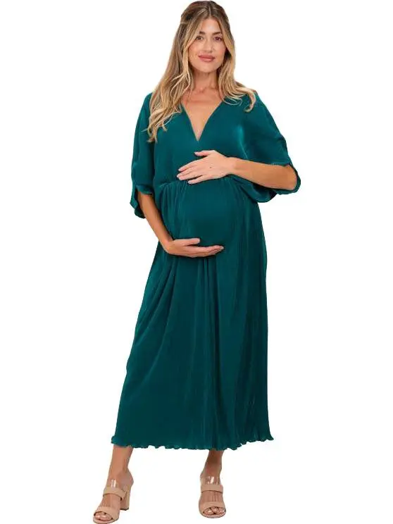 PINKBLUSH Pleated Satin Dolman Sleeve Maxi Dress - Forest Green