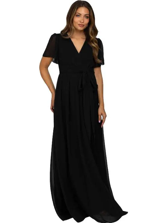 PINKBLUSH Chiffon Short Sleeve Maxi Dress - Black