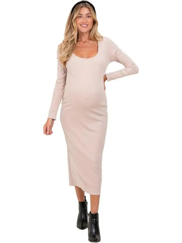 PINKBLUSH Scoop Neck Long Sleeve Maternity Midi Dress - Beige