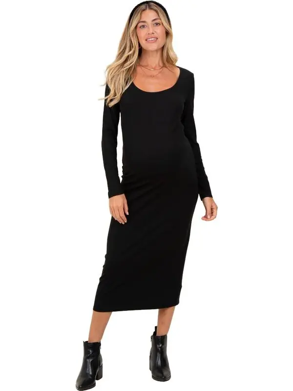PINKBLUSH Scoop Neck Long Sleeve Midi Dress - Black