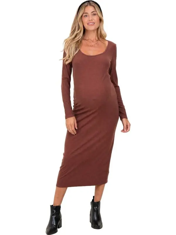 PINKBLUSH Scoop Neck Long Sleeve Maternity Midi Dress - Brown