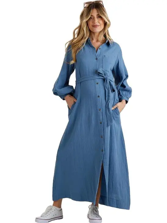 PINKBLUSH Gauze Belted Shirt Maternity Midi Dress - Blue
