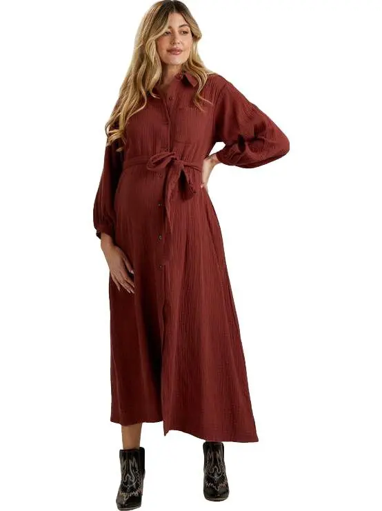 PINKBLUSH Gauze Belted Shirt Maternity Midi Dress - Rust