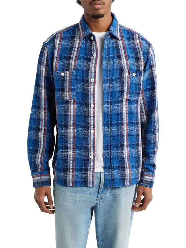 Edwin Plaid Cotton Button-up Work Shirt - Blue Plaid