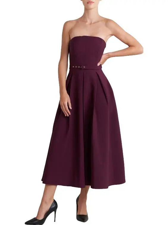 FREEMARKET Belted Strapless Midi Dress - Burgundy