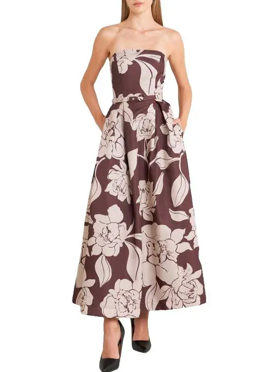 FREEMARKET Printed Strapless Midi Dress - Burgundy