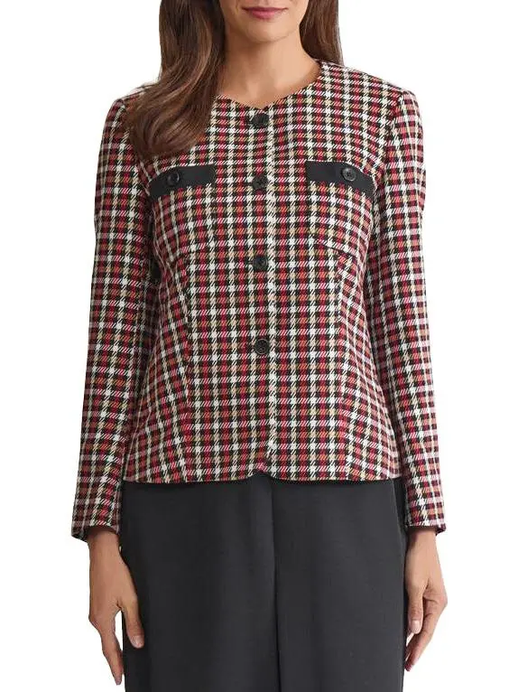 KASPER Collarless Houndstooth Blazer - Black/fire Red Mlt