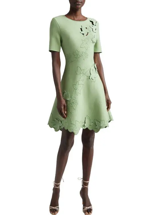 Oscar De La Renta Ivy Detail Stretch Knit Fit & Flare Dress - Green