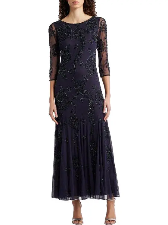 Pisarro Nights Beaded Floral Mesh Gown - Slate 421