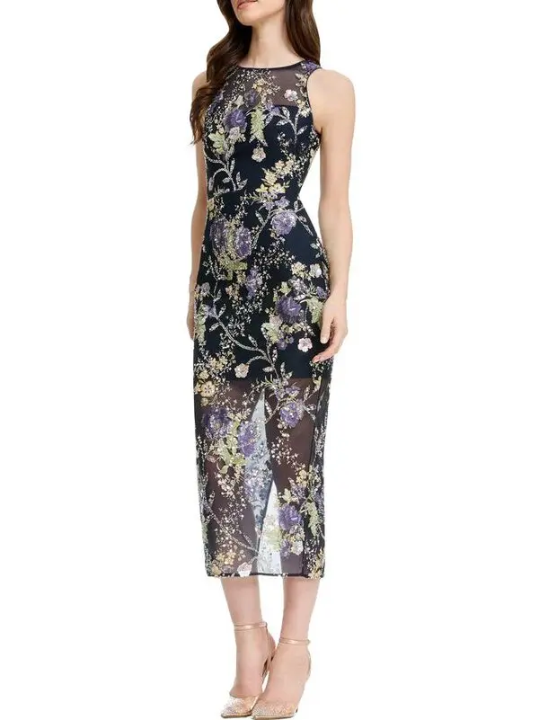 Dress The Population Floral Sequin Sheath Cocktail Dress - Navy Multi