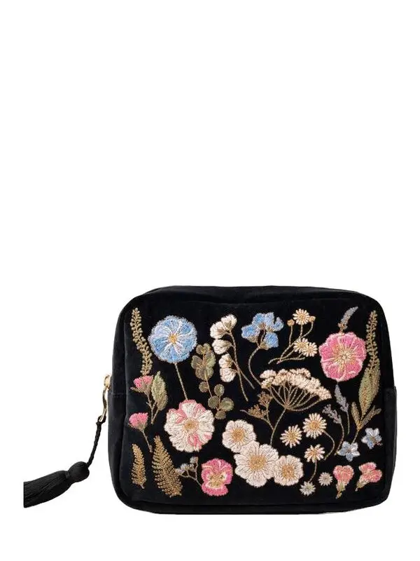 ELIZABETH SCARLETT Pressed Flowers Velvet Wash Bag - Charcoal