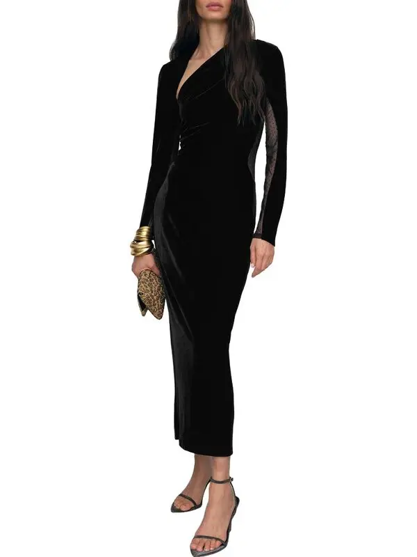 REISS Asymmetric Velvet Dress - Black