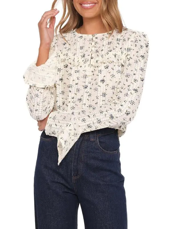 PETAL & PUP Floral Ruffle Detail Top - Cream Blue Floral