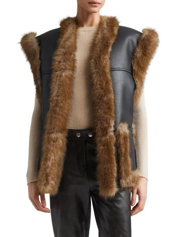 STAND STUDIO Cassia Reversible Faux Leather & Faux Fur Vest - Black/brown
