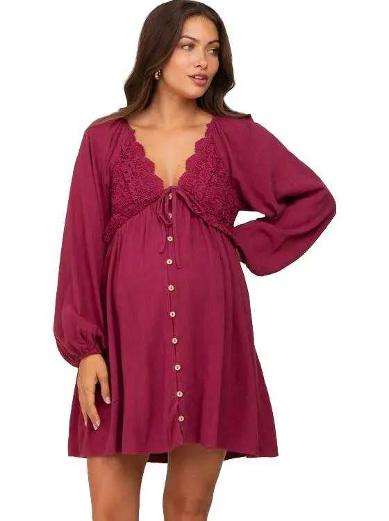 PINKBLUSH Crochet Lace Button Front Maternity Dress - Burgundy