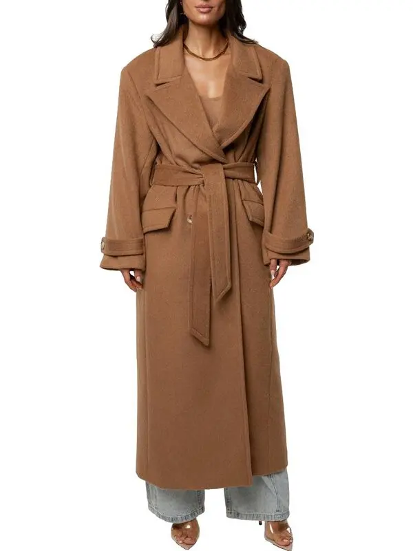 JLUXLABEL Empire Double Breasted Longline Coat - Brown