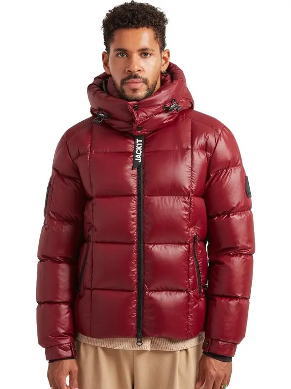 JACK1T Boxed Hooded Racer Puffer Jacket - Dark Cranberry/black