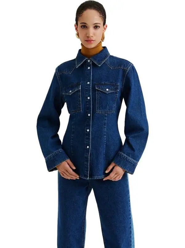 MALINA Anthea Fitted Waist Denim Shirt - Dark Blue Wash